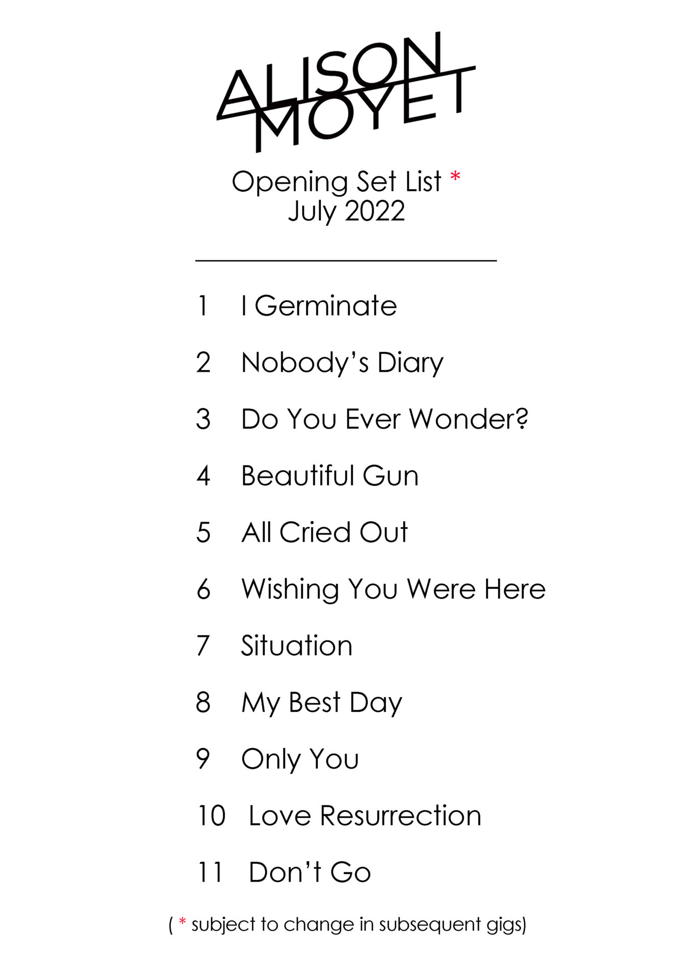 Alison Moyet’s TFF Setlist revealed – Alisonmoyetmusic